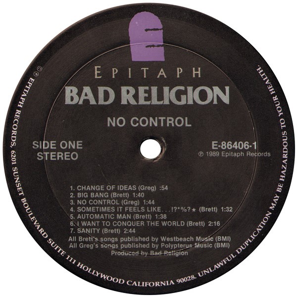 Bad Religion No Control First Year Pressing 1989 US Epitaph E-86406-1 ...