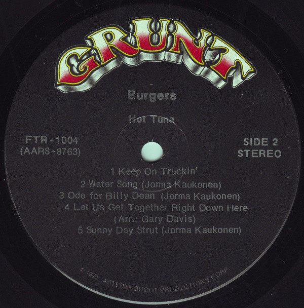 Hot Tuna Burgers First Year Pressing 1972 US Grunt FTR-1004 Vintage ...