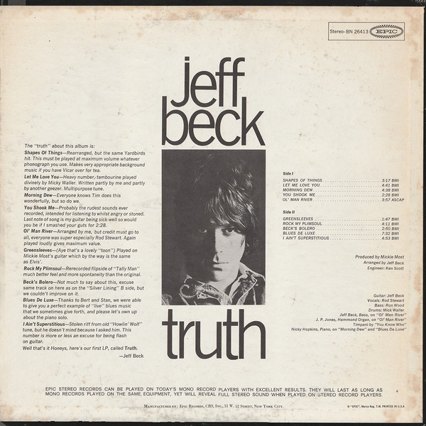 Jeff Beck Truth First Year Pressing 1968 US Epic BN 26413 Vintage Vinyl ...