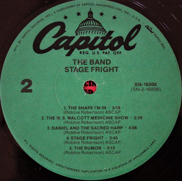 The Band Stage Fright 1980 US Capitol Records SN-16006 Vintage Vinyl ...